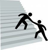 Helping Hand To Help Friend Up On Stairway To Top